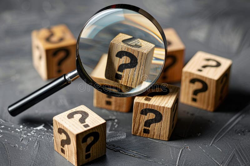 A Magnifying Glass Examines Wooden Blocks with Question Marks, Great ...