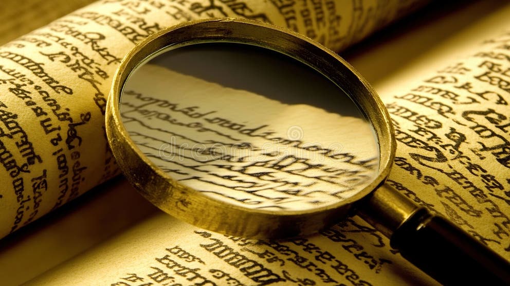Magnifying Glass Examining Antique Script Scrolls Stock Image - Image ...