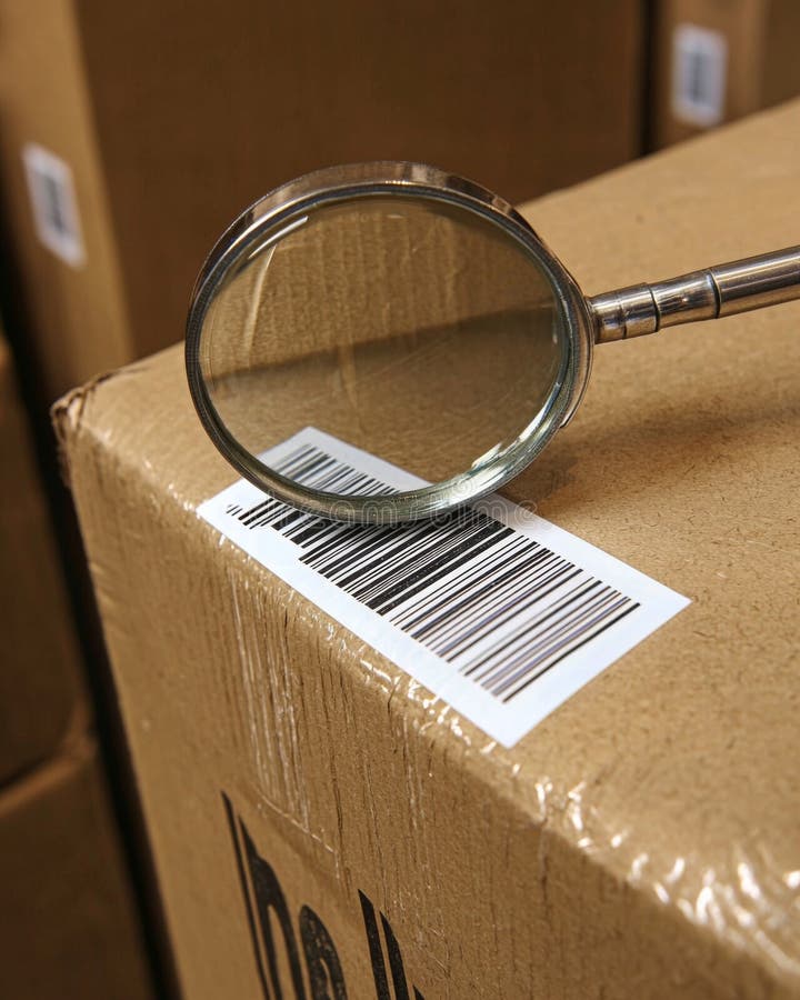 Magnifying Glass Examining Barcode on Cardboard Box in Storage Facility ...