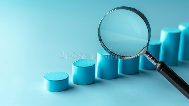 Magnifying Glass Examining Blue Chart of Ascending Cylinders. Stock ...
