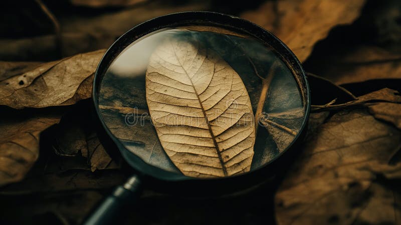 Magnifying Glass Examining Dry Leaf on Forest Floor Stock Photo - Image ...
