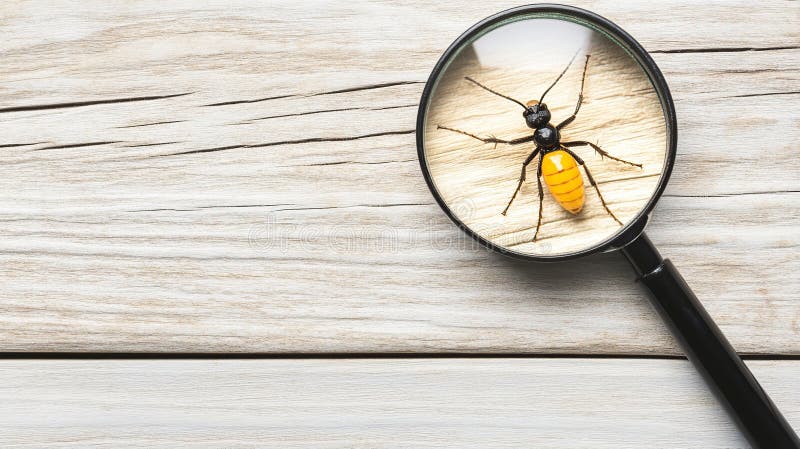 Magnifying Glass Examining Insect on Wooden Surface Stock Image - Image ...