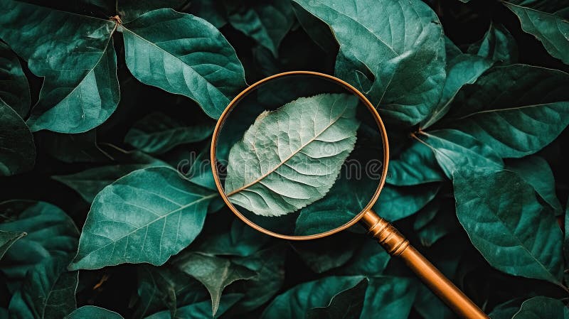 Magnifying Glass Examining Leaf Amidst Foliage Stock Image - Image of ...