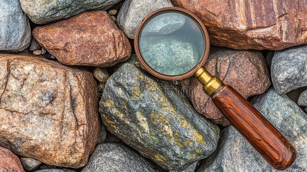 Magnifying Glass Examining Rocks Outdoors, Geological Study Stock Photo ...