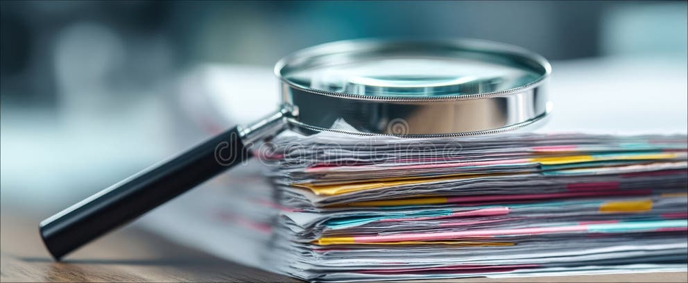 The Magnifying Glass Examining a Stack of Colorful Paperwork in an ...