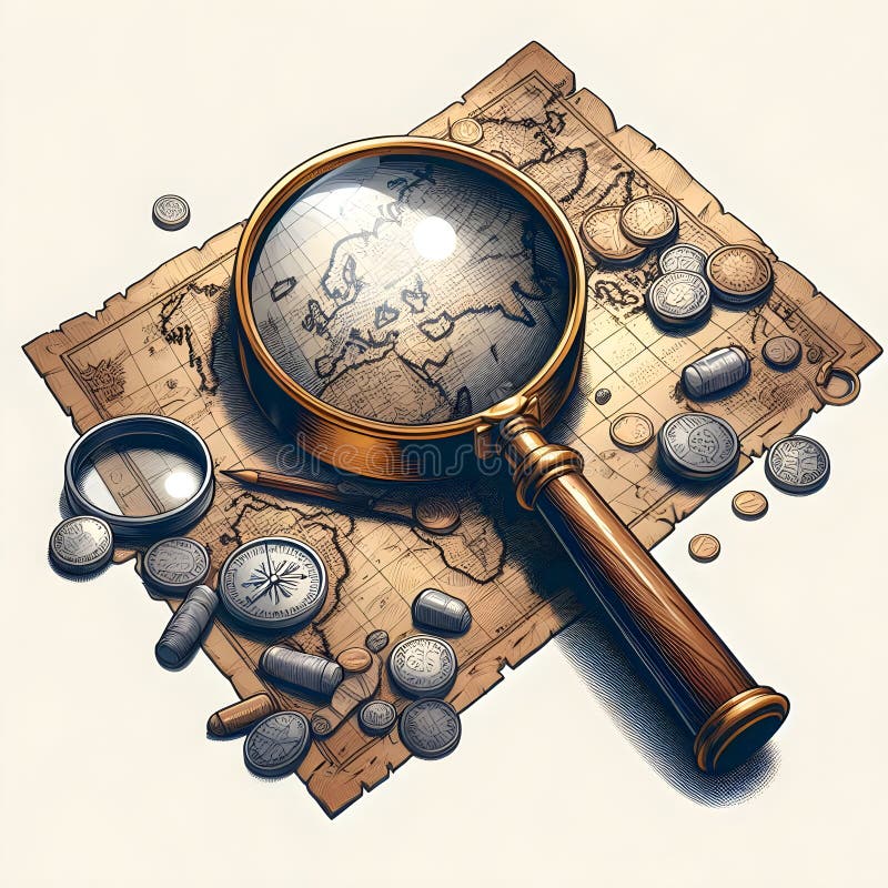 Magnifying Glass Exploring Old World Map with Compass and Ancient Coins ...