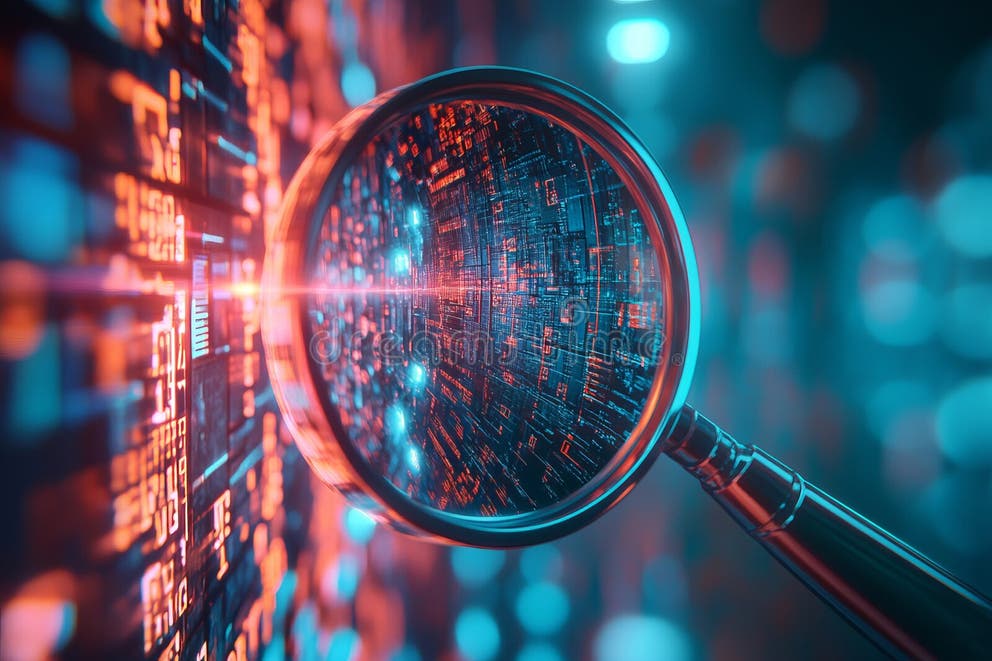 Magnifying Glass Focus on Digital Circuit with Glowing Elements Stock ...