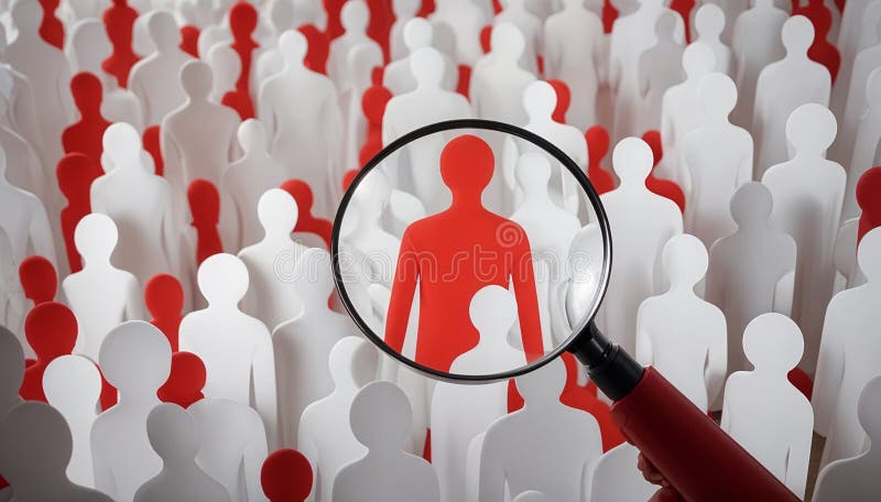 Magnifying Glass Focus on a Red Figure among a Crowd of White ...