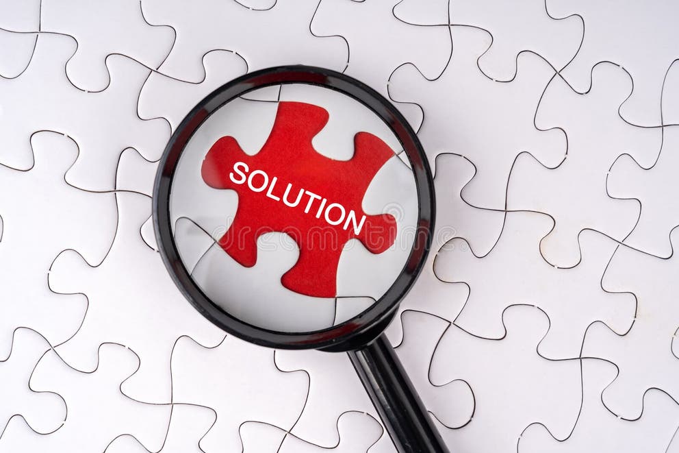 Magnifying Glass Focus on Solution Text on Jigsaw Puzzle Stock Photo - Image of label, drawing ...