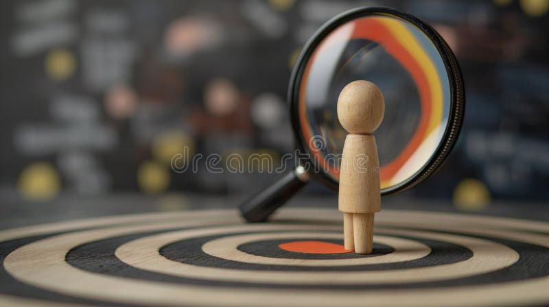 Magnifying Glass Focus on Target Icon with Human Shaped Wooden Doll for ...