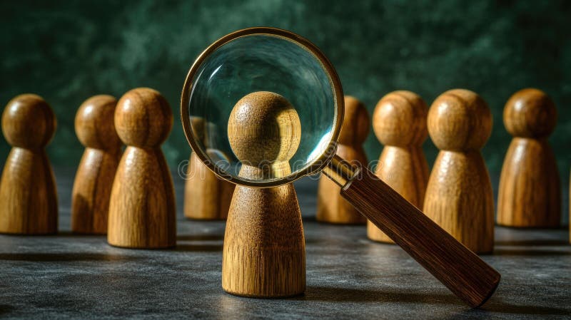 Magnifying Glass Focus Wooden Figure Surrounded Group Figures Stock ...