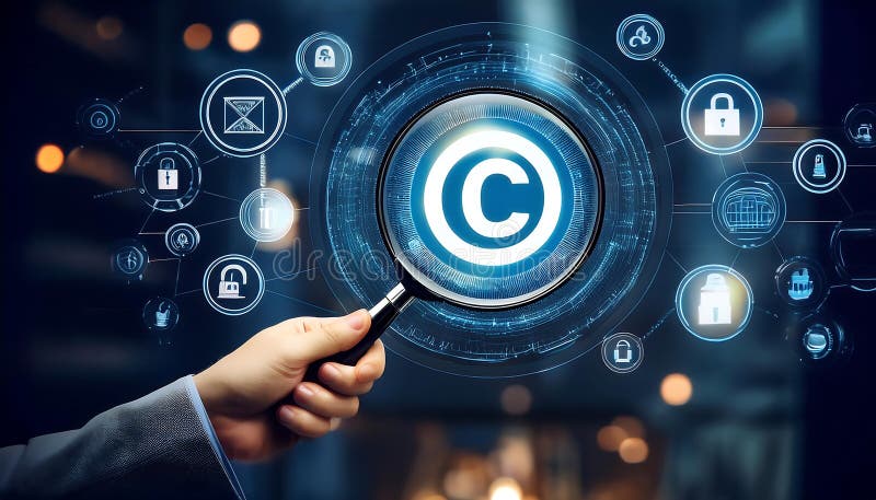 A Magnifying Glass is Focused on a Copyright Symbol. Around the Symbol ...