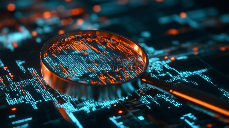 A Magnifying Glass Reveals Intricate Digital Patterns on a Glowing Blue and Orange Circuit Board ...