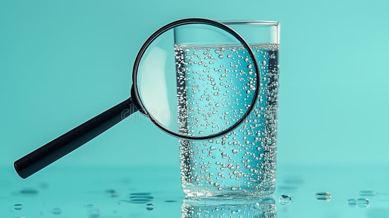 Magnifying Glass Focused on a Glass of Water on Blue Background ...
