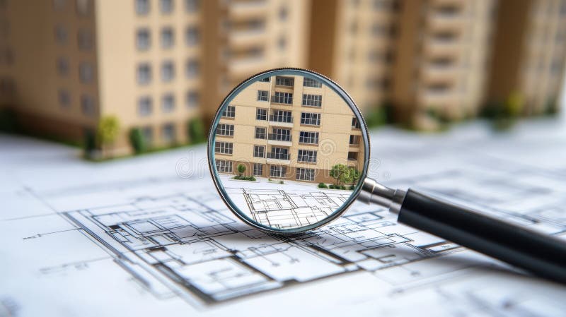 A Magnifying Glass Focuses on Architectural Plans with Buildings in the ...