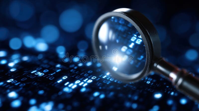 A Magnifying Glass Focuses on Digital Binary Code, Symbolizing Data Analysis and Cybersecurity ...