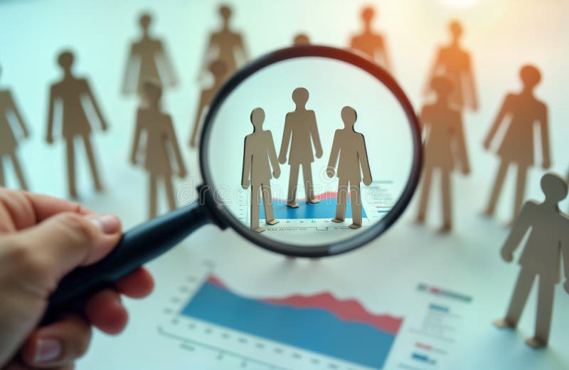 Magnifying Glass Focuses on Group of Paper People. Recruitment Process ...