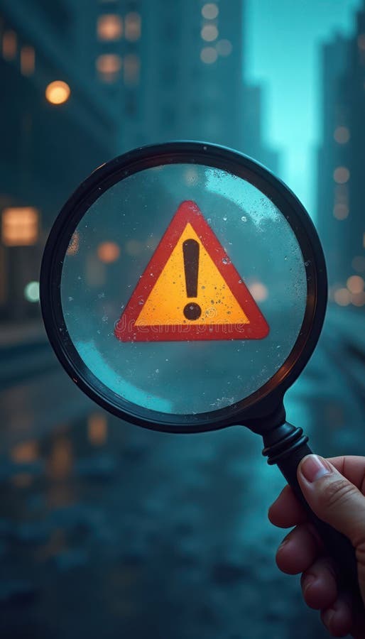 Magnifying Glass Focuses on Warning Sign. Risk Assessment Concept ...