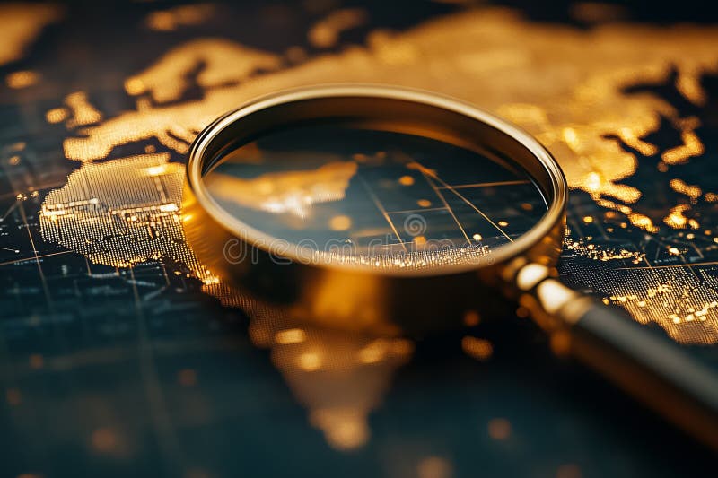 A Magnifying Glass Focuses on a World Map, Emphasizing Geographic ...