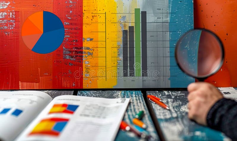 Magnifying Glass Focusing on Colorful Bar Graph and Pie Chart Data ...