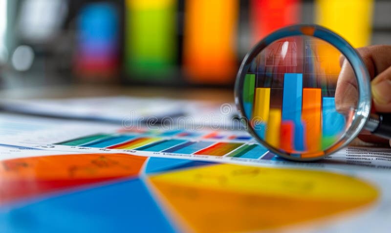 Magnifying Glass Focusing on Colorful Bar Graph and Pie Chart Data ...