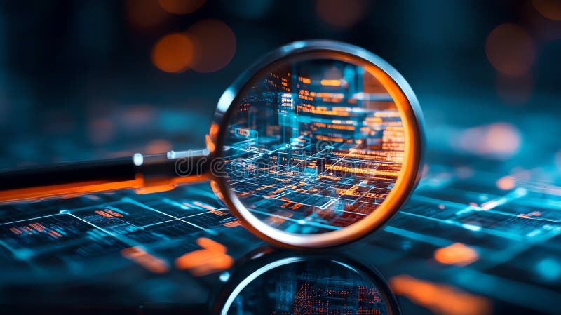 Magnifying Glass Focusing on Digital Data and Analysis, Vibrant Colors ...