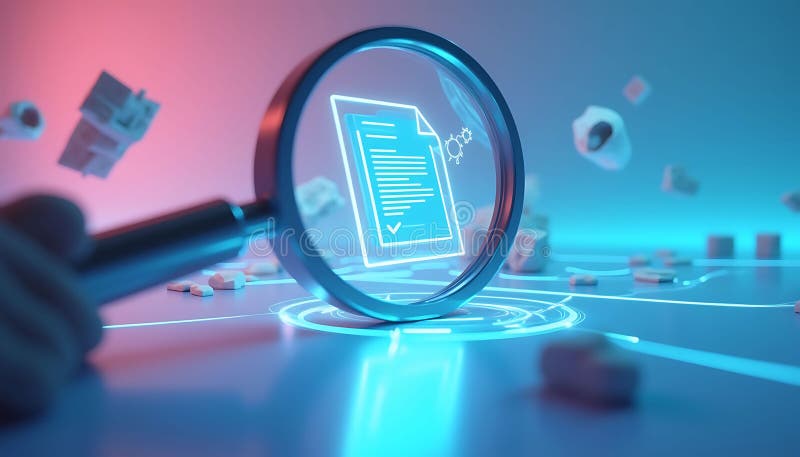 Magnifying Glass Focusing on a Digital Document with Checkmark on a ...