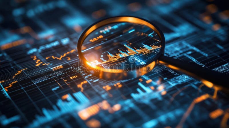 Magnifying Glass Focusing on Digital Financial Graph on High-Tech ...