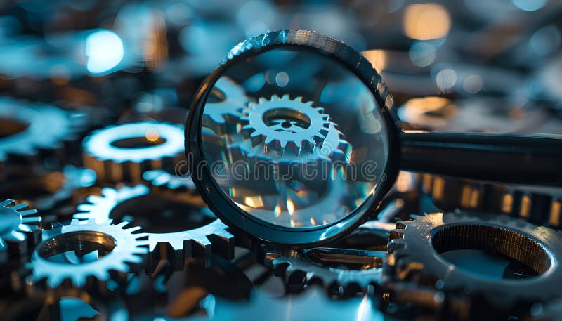 Magnifying Glass Focusing on Gears, Symbolizing Analysis, Precision ...
