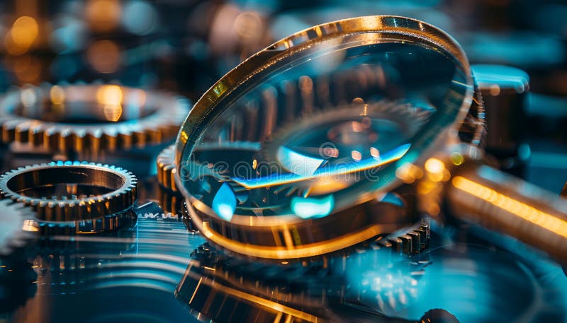 Magnifying Glass Focusing on Gears, Symbolizing Analysis, Precision ...