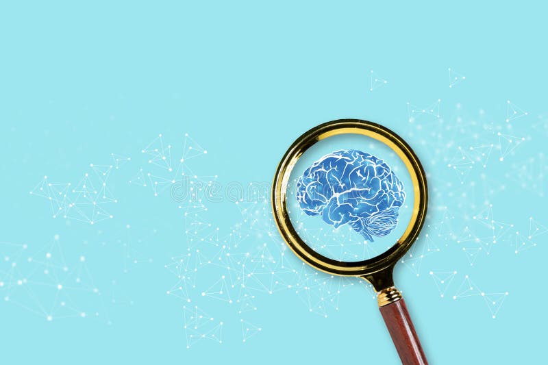 Magnifying Glass Focusing on Human Brain with Neural Network on Blue ...