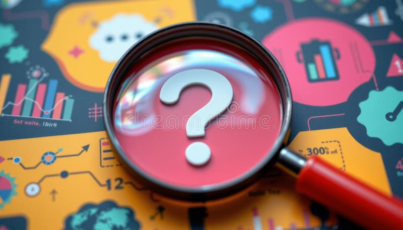Magnifying Glass Focusing on Question Mark Over Colorful Data Graphics ...