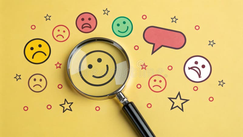 Magnifying Glass Focusing on Smiley Face Surrounded by Sad Faces and ...