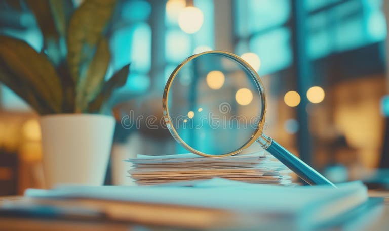 Magnifying Glass Focusing on Stack of Documents in Modern Office ...