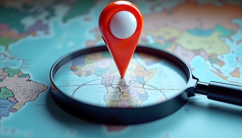 A Magnifying Glass Focusing on a Vibrant, Glossy Location Pin on a Map ...