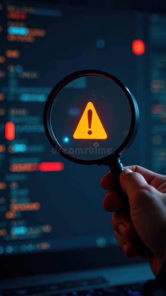 Magnifying Glass Focusing on Warning Sign in Front of Computer Screen ...