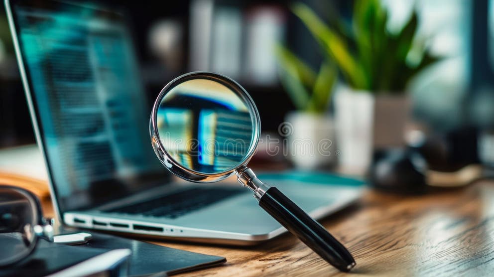 Magnifying Glass in Front of Laptop Displaying Blue-tinted Digital Data ...