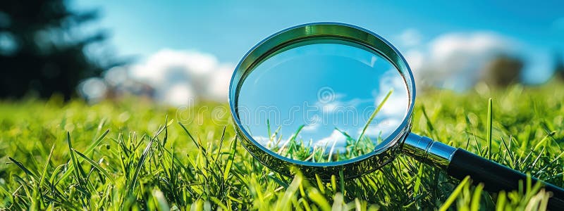 Magnifying Glass Green Grass Blue Sky. Selective Focus Stock Photo ...
