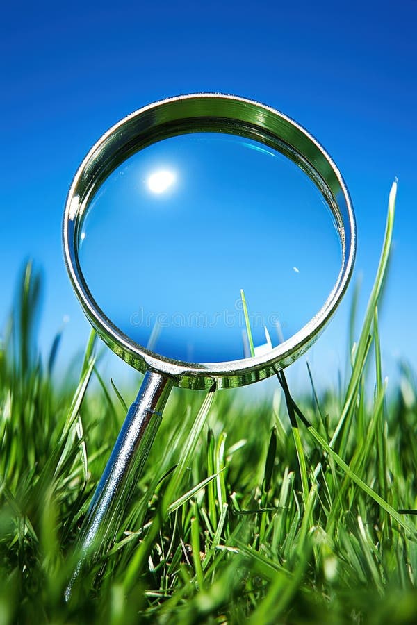 Magnifying Glass Green Grass Blue Sky. Selective Focus Stock Photo ...
