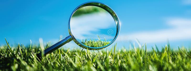 Magnifying Glass Green Grass Blue Sky. Selective Focus Stock Image ...