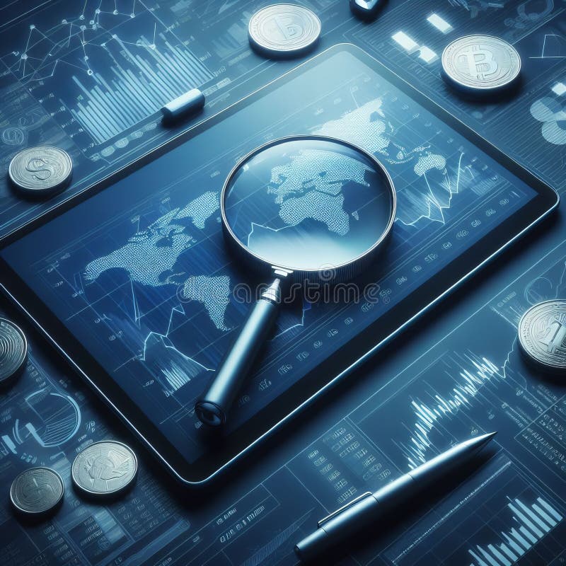 A Magnifying Glass with a Handle Lies on a Tablet with a Graph on the ...