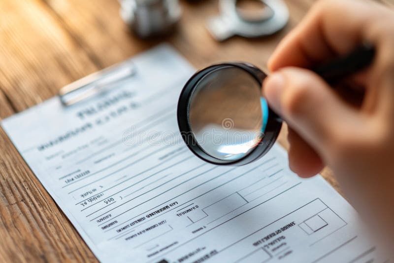 Magnifying Glass Held Over a Document on a Wooden Table during a ...