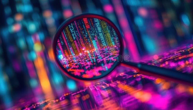 Magnifying Glass Highlighting Digital Data, Bokeh Lights, Technology ...