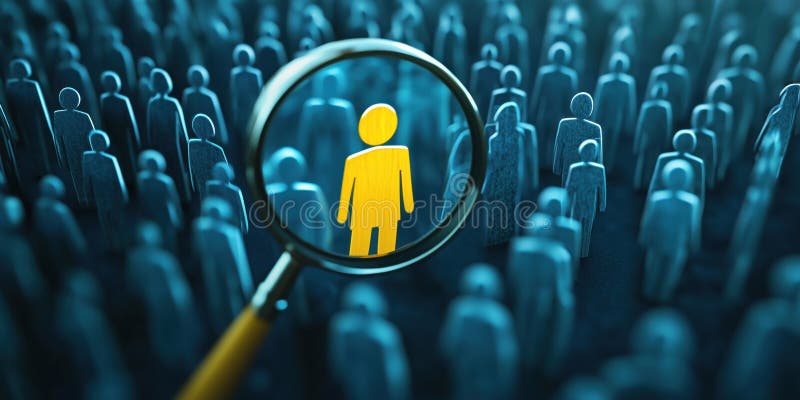 Magnifying Glass Highlighting Individual among Crowd of People in Blue ...