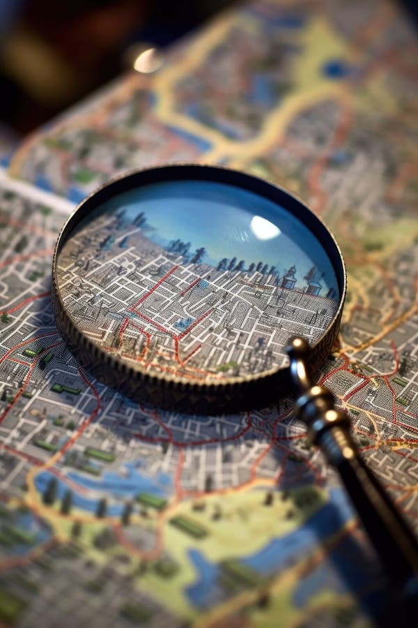 Magnifying Glass Highlighting Tiny Details on a Map Stock Illustration ...