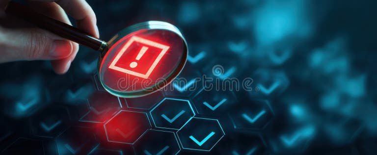 The Magnifying Glass Highlighting a Warning Symbol on a Digital ...