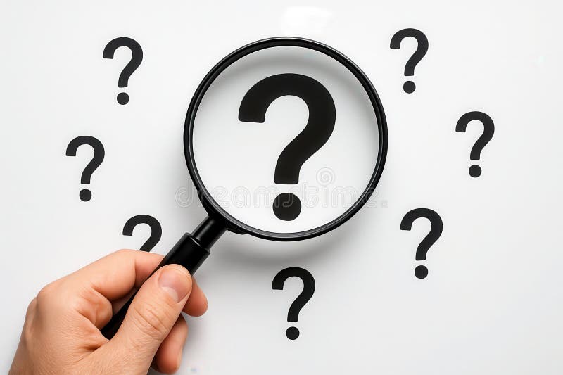 Magnifying Glass Highlights Large Question Mark Surrounded by Multiple ...