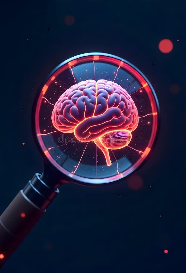 A Magnifying Glass Holding and Showing a Human Brain Stock Illustration ...