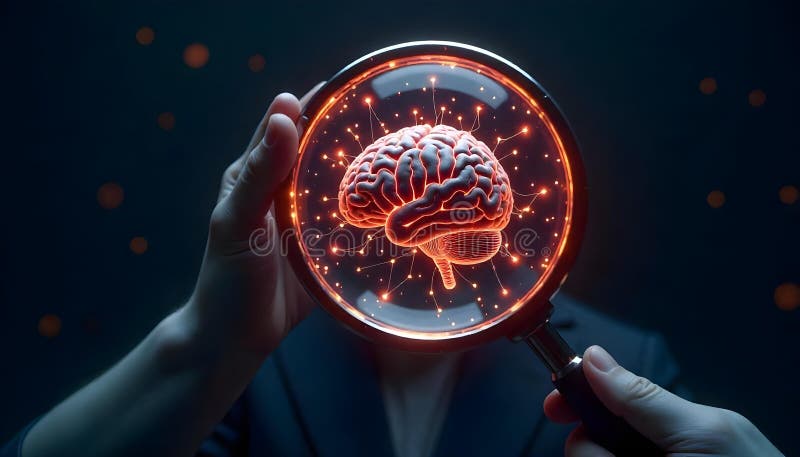 A Magnifying Glass Holding and Showing a Human Brain Stock Illustration ...