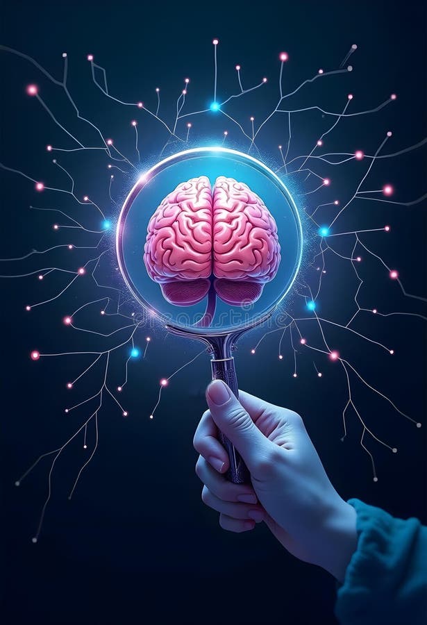 A Magnifying Glass Holding and Showing a Human Brain Stock Illustration ...
